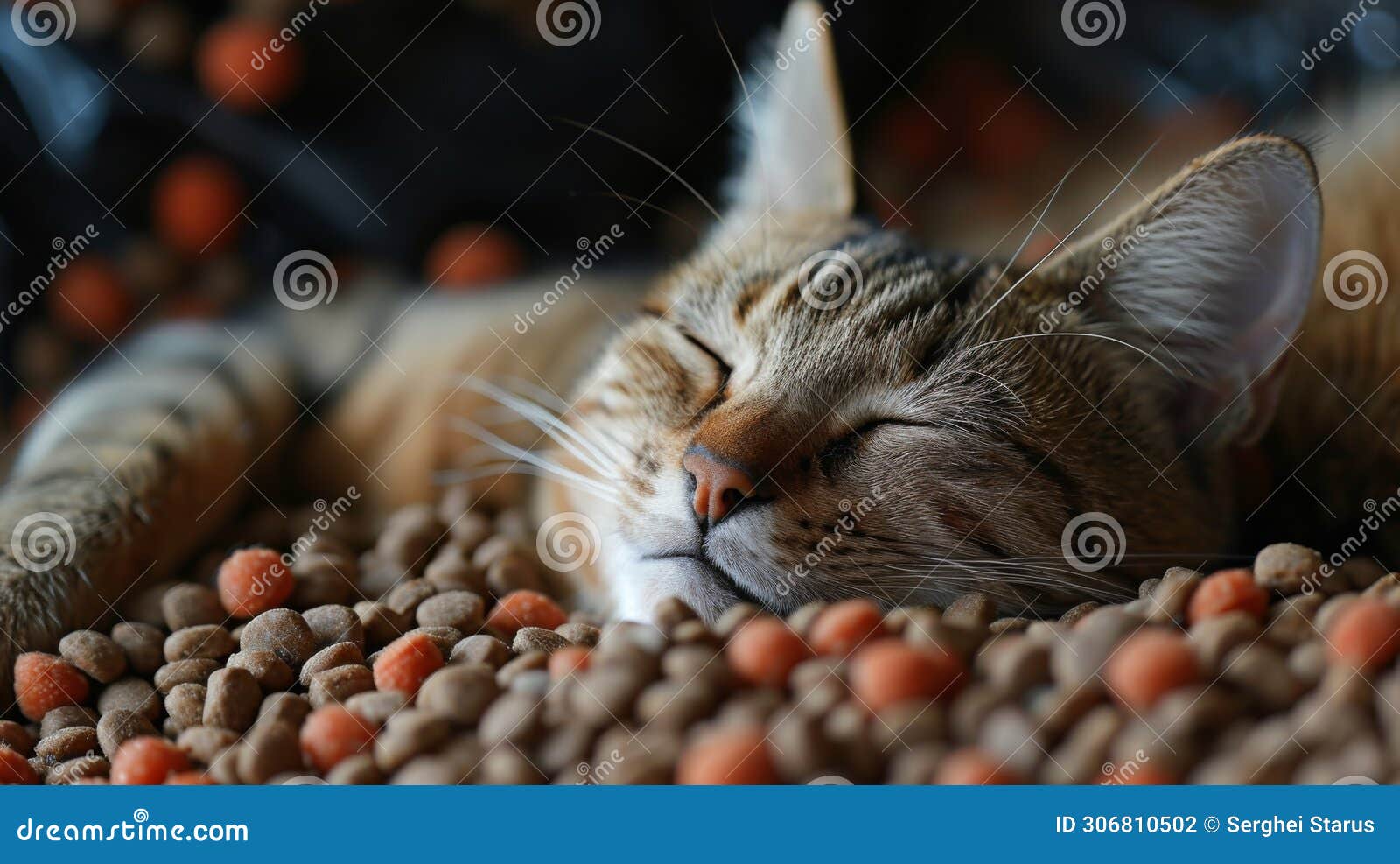 A Cat Laying Down on a Pile of Food Pellets, AI Stock Photo - Image of ...