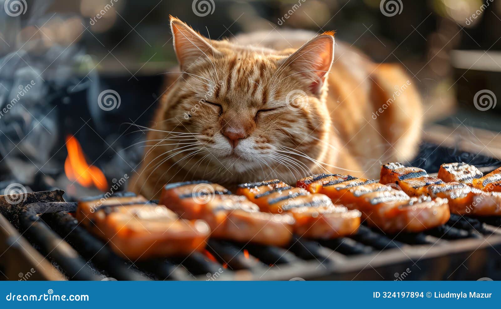 A Cat is Laying on a Grill with Meat on it Stock Photo - Image of furry ...