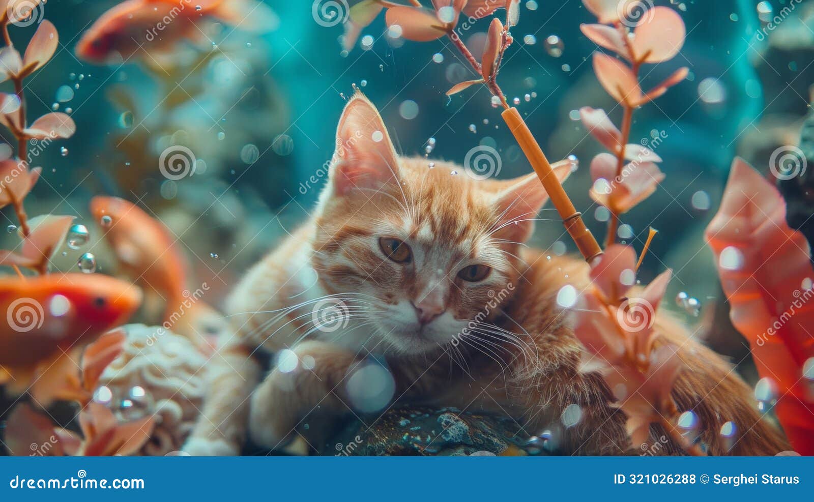A Cat Laying on a Rock Surrounded by Fish and Plants, AI Stock Photo ...
