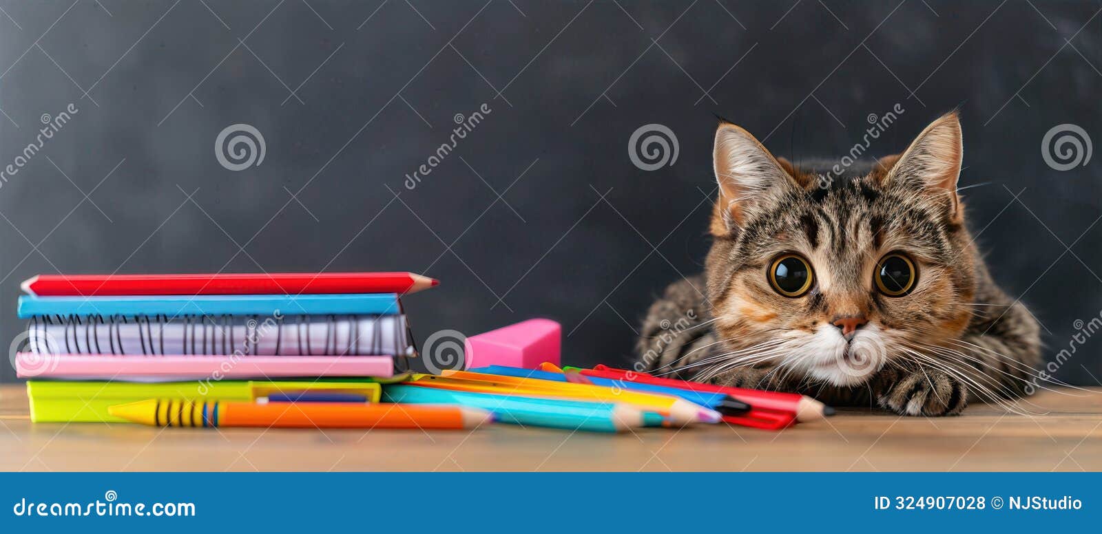 A Cat is Laying on a Table with a Stack of Books and a Box of Crayons ...