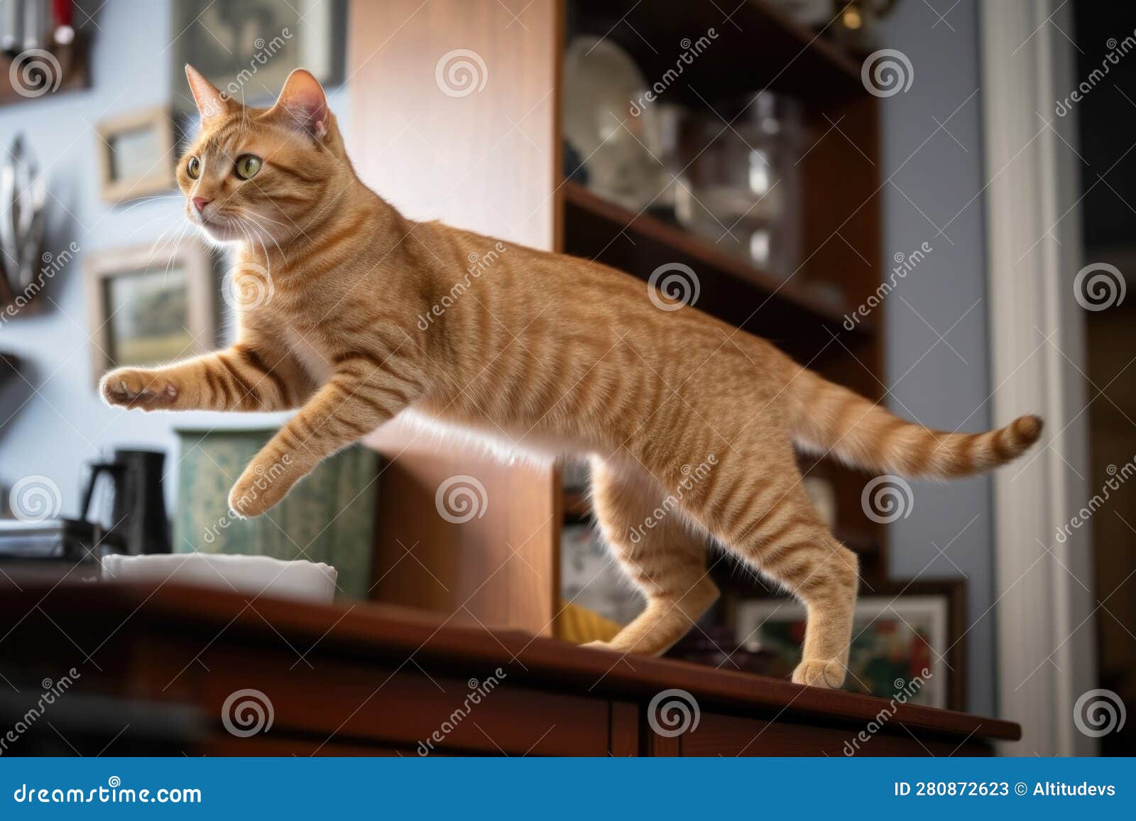 Cat Leaps from Counter To Floor, Landing in Graceful Pose Stock Image ...