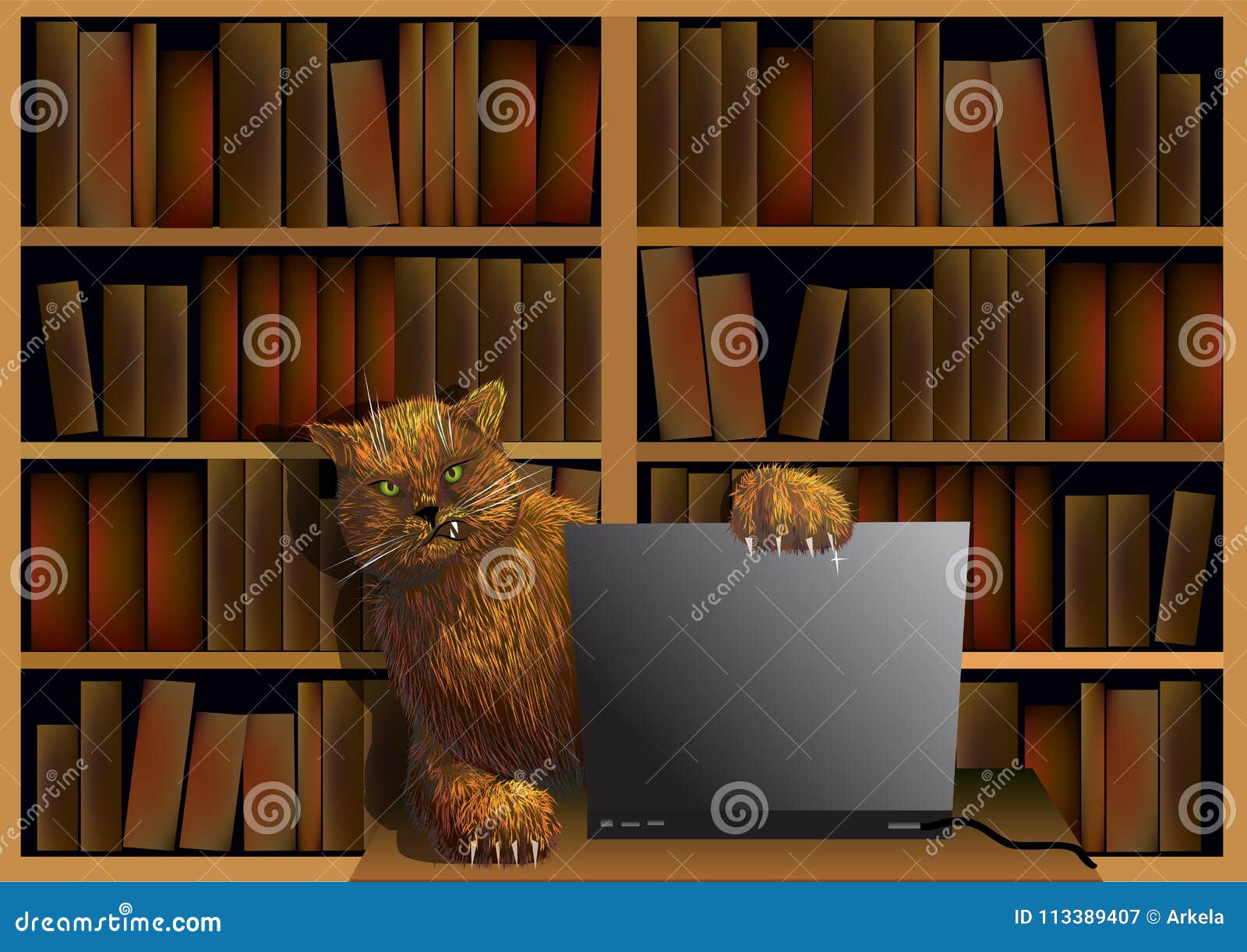 Cat in the library stock illustration. Illustration of wood - 113389407