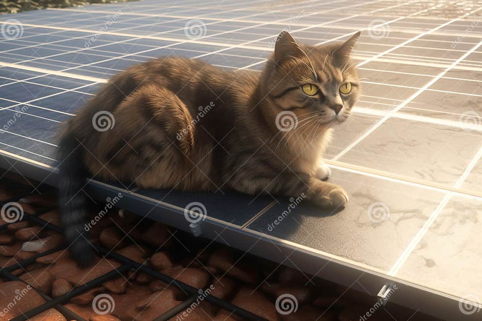 Cat Lies on Solar Panel, an Alternative Source. Clean Technologies of ...