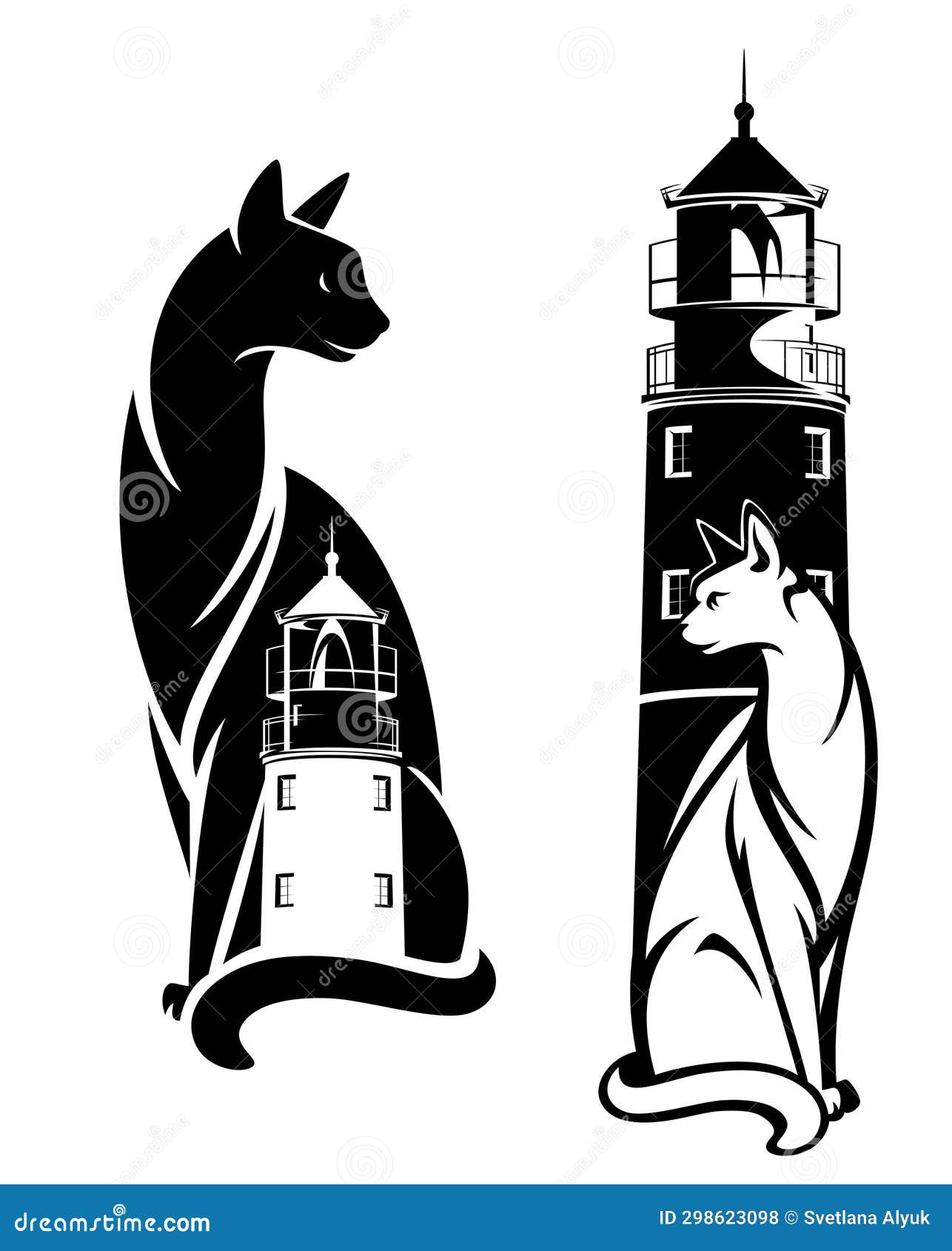 Cat and Lighthouse Tower Black and White Vector Design Set Stock ...