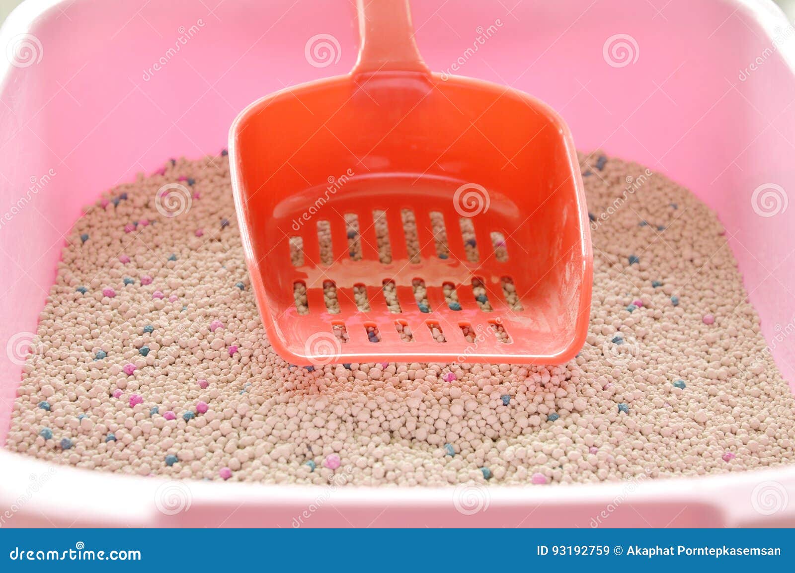 Cat Litter in Pink Basin and Red Shovel Stock Image - Image of ...