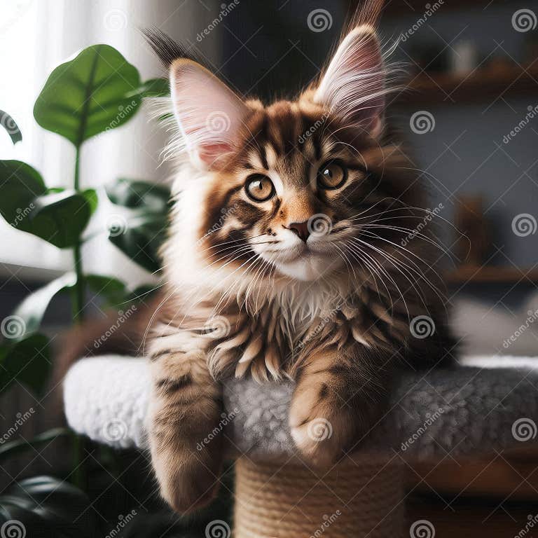 Cat with Long Fur is Sitting on a Scratching Post Stock Photo - Image ...
