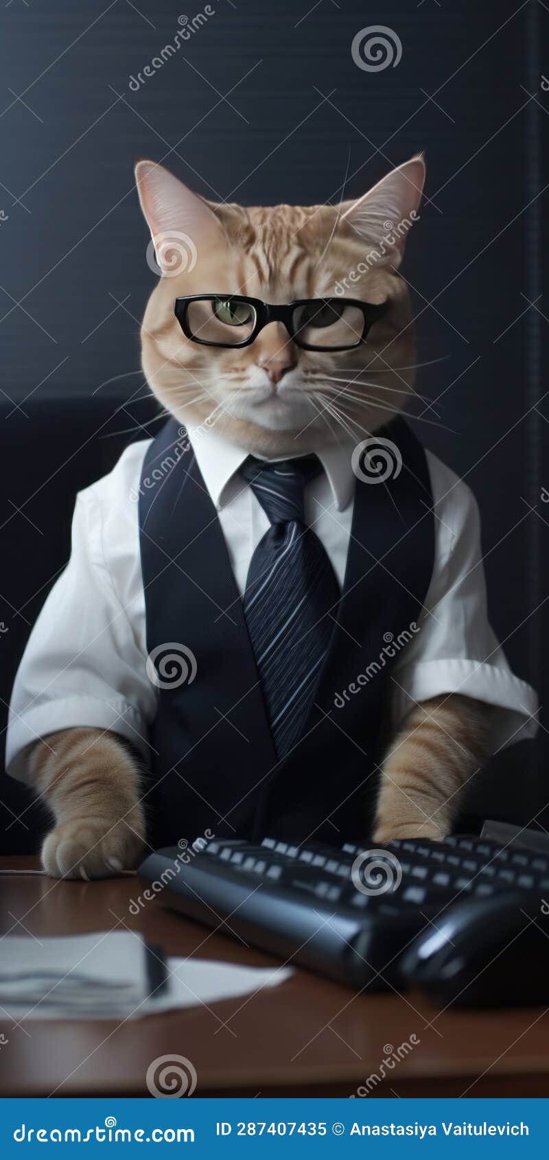 Cat Looking As Office Manager Sit in Front of the Computer. Vertical ...