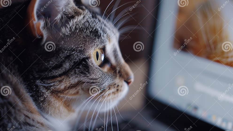 A Cat is Looking at a Computer Screen Stock Image - Image of home ...