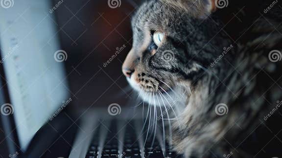A Cat is Looking at a Computer Screen Stock Photo - Image of working ...