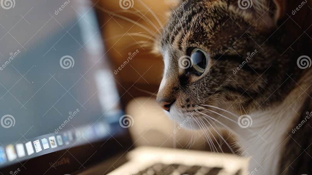 A Cat is Looking at a Computer Screen Stock Image - Image of online ...