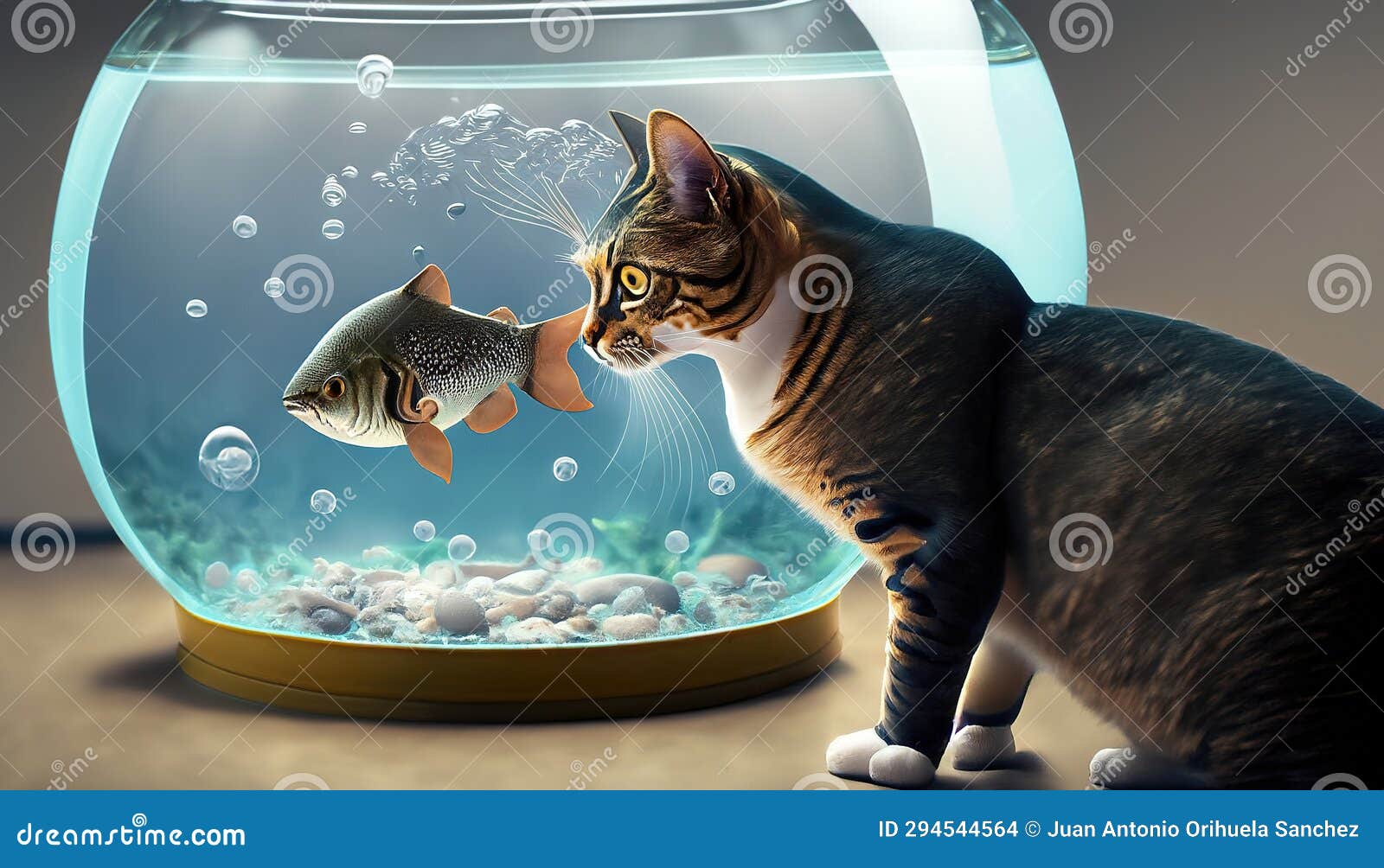 Cat Looking Curiously at a Fish that is Inside a Round Fish Tank. Stock ...