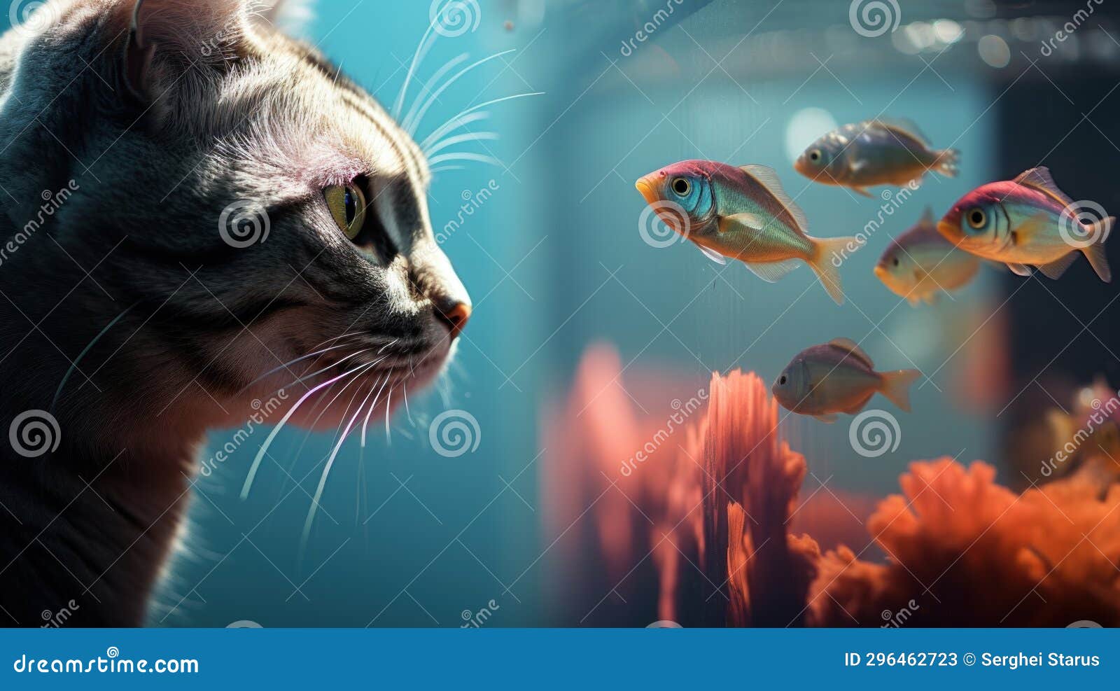 A Cat Looking at Fish in an Aquarium, AI Stock Illustration ...