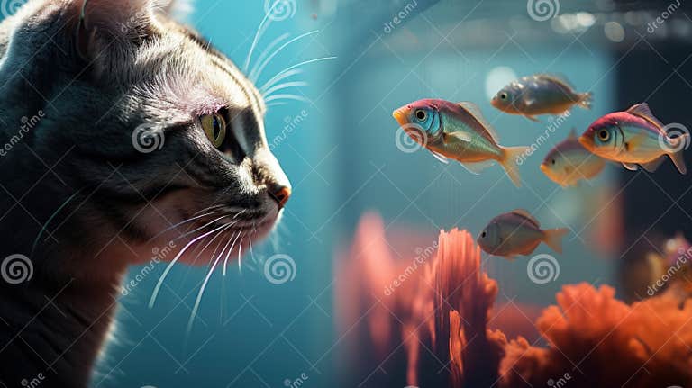 A Cat Looking at Fish in an Aquarium, AI Stock Image - Image of striped ...