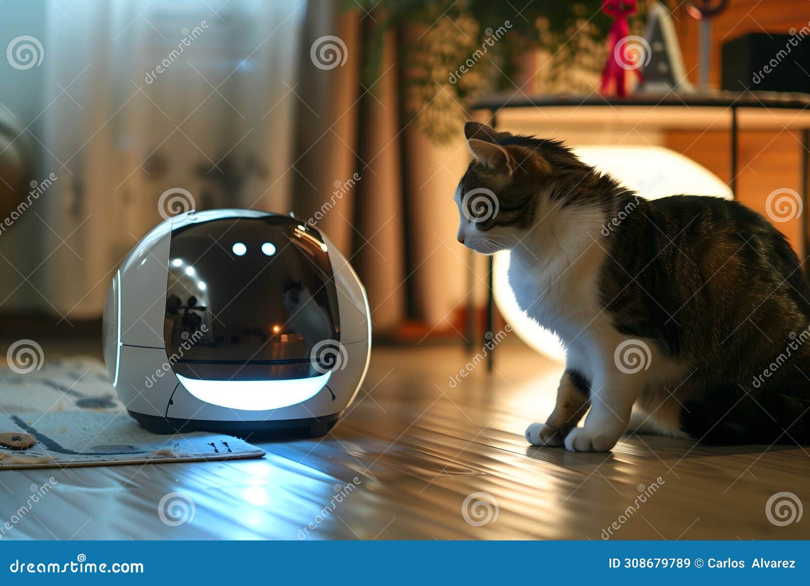 Cat Looking at Home Assistant Robot in an Interior Space Stock ...