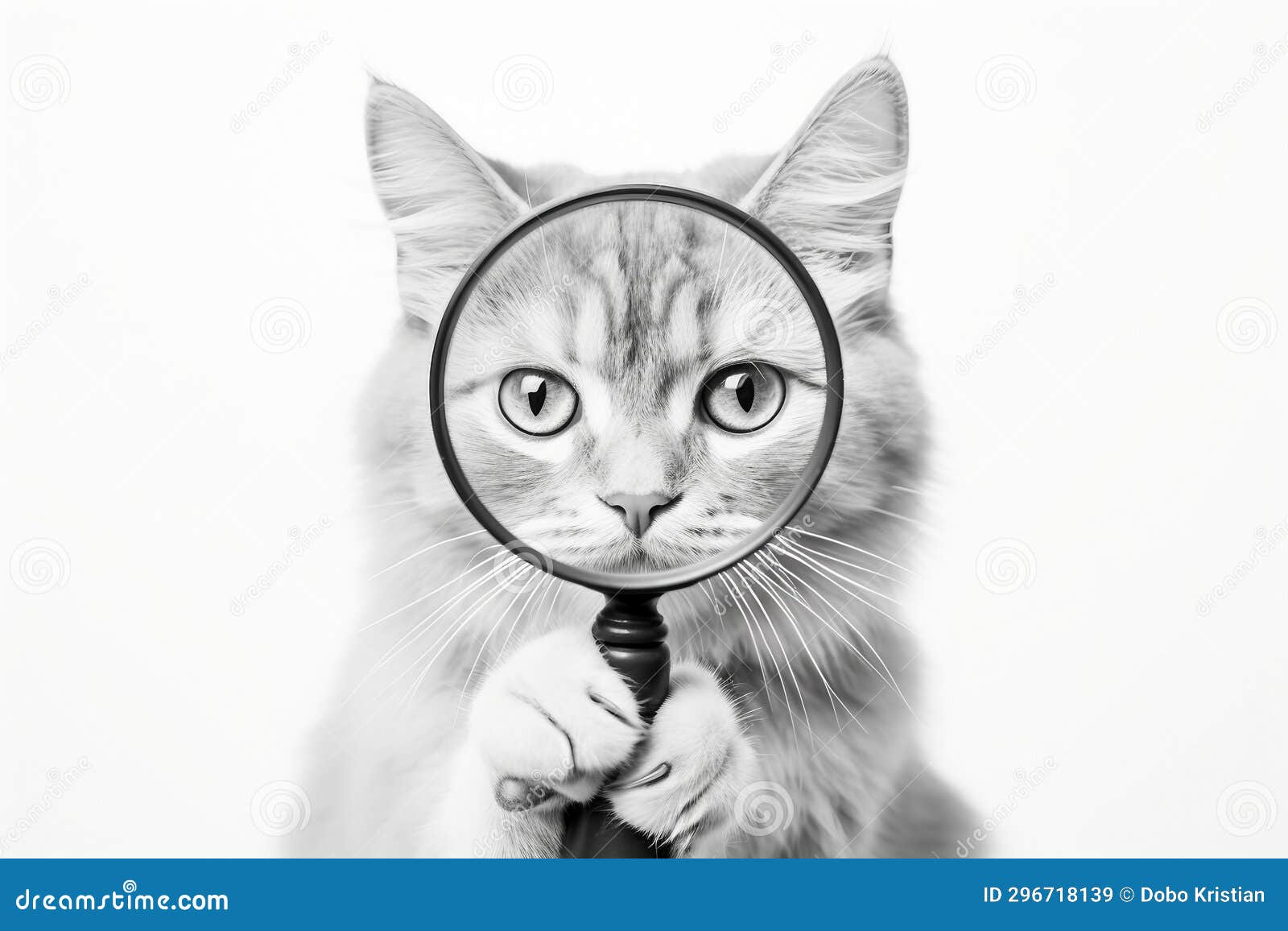 Cat Looking through Magnifying Glass on White Background Stock ...