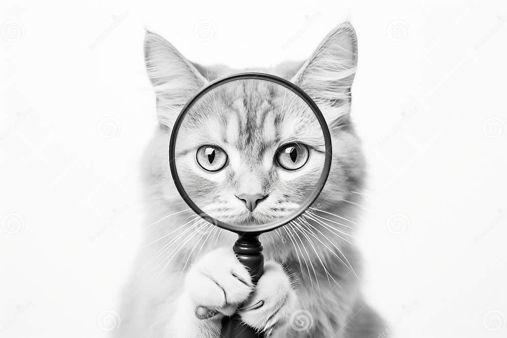 Cat Looking through Magnifying Glass on White Background Stock ...