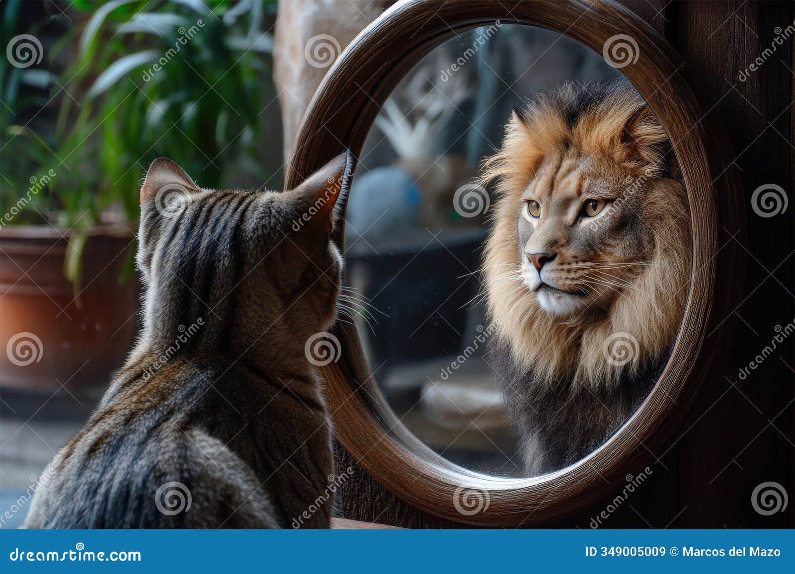 Cat Looking at Mirror with Reflection of a Lion Stock Illustration ...
