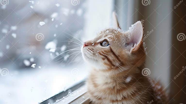 A Cat Looking Out a Window with Snow Falling Down, AI Stock ...