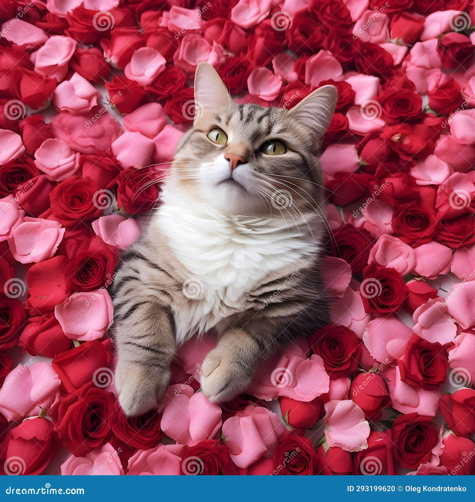 Cat Looking Up from a Bed of Roses and Rose Petals Stock Photo - Image ...