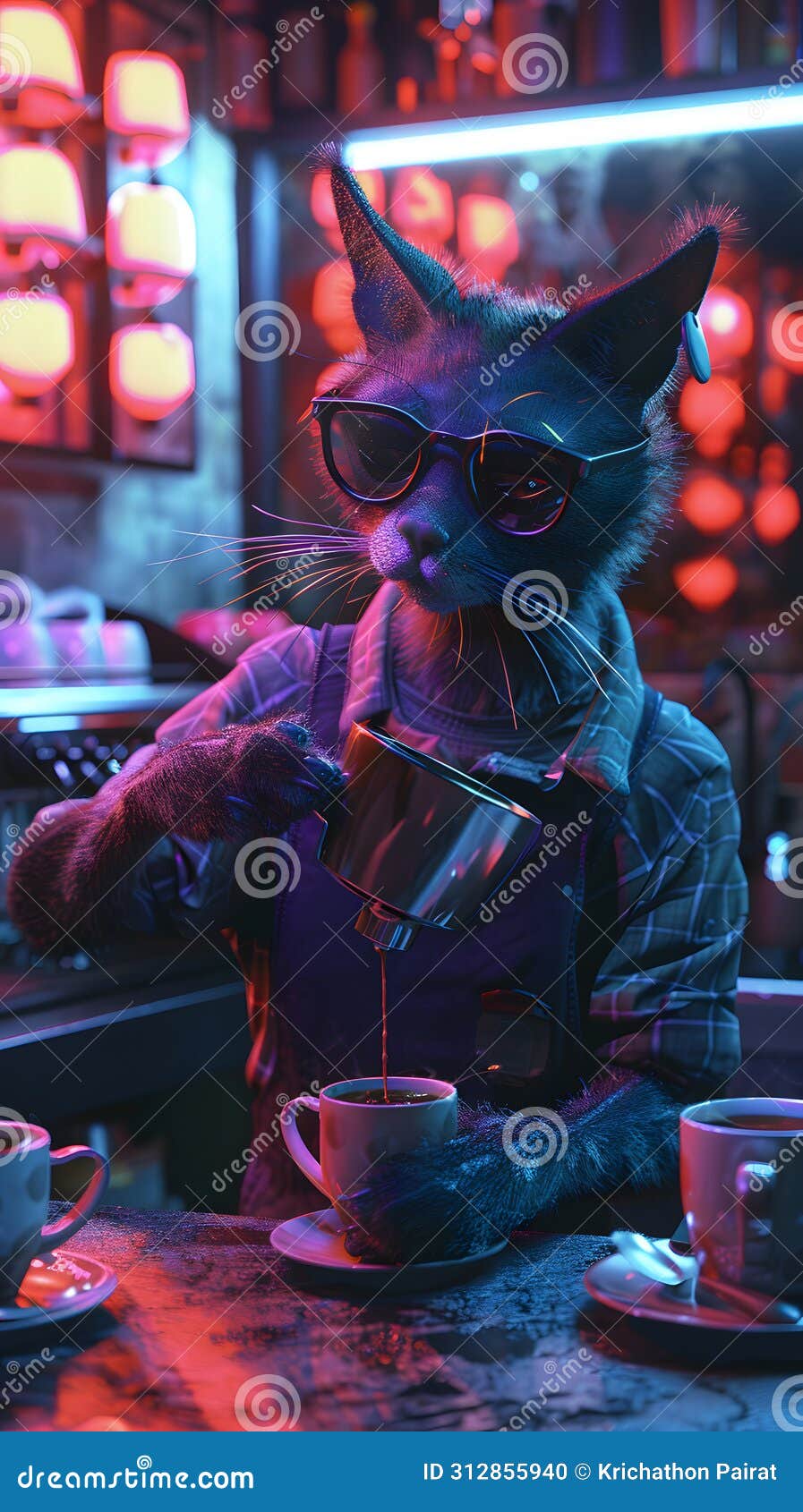 Cat Man Barista, Portrait of a Cat-man Barista. Stock Illustration ...