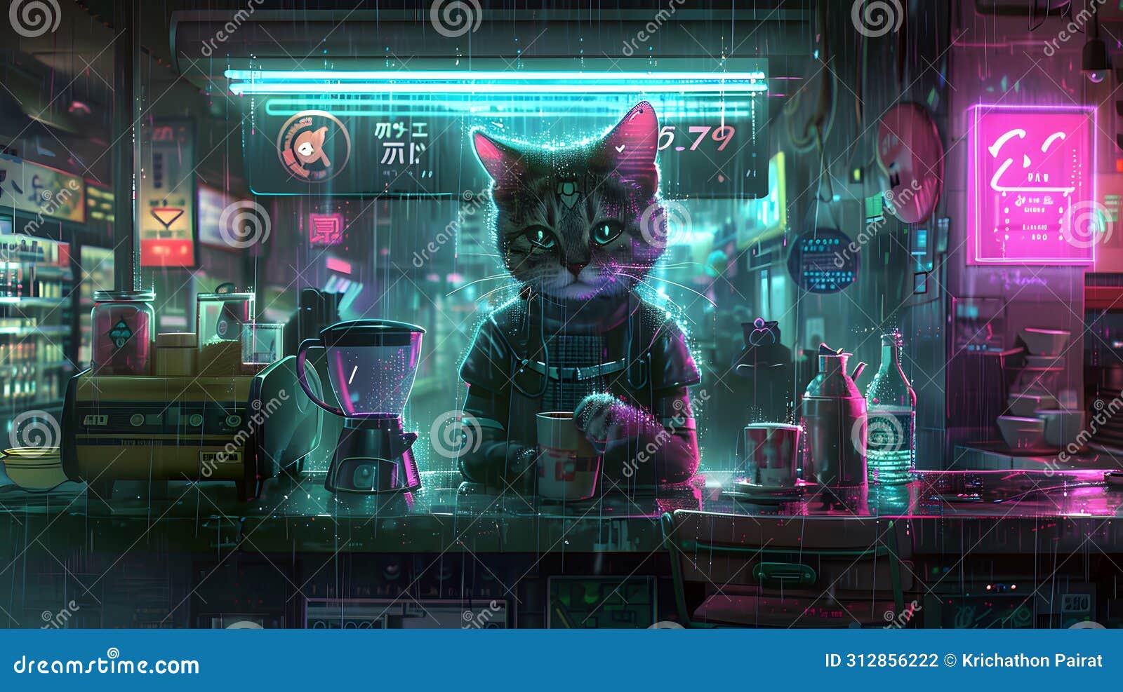 Cat Man Barista, Portrait of a Cat-man Barista Stock Illustration ...