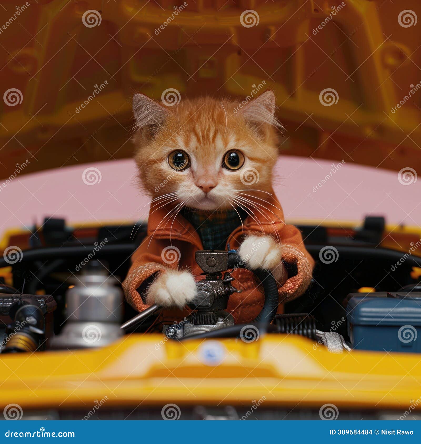 Cat Mechanic Under a Toy Car Hood Stock Photo - Image of parts, feline ...