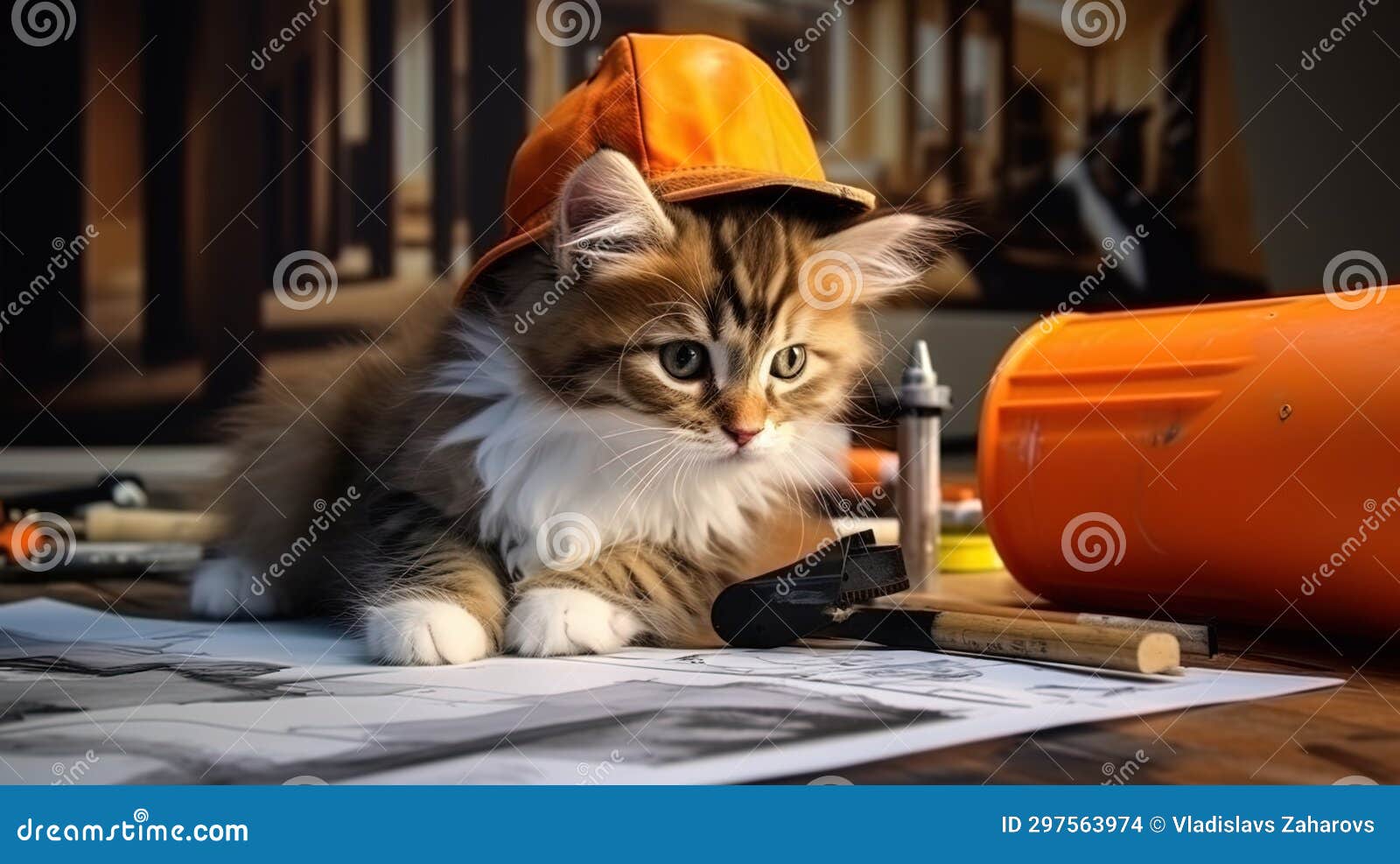 A Cat with a Meter Ribbon, Measuring Space for Construction Stock ...