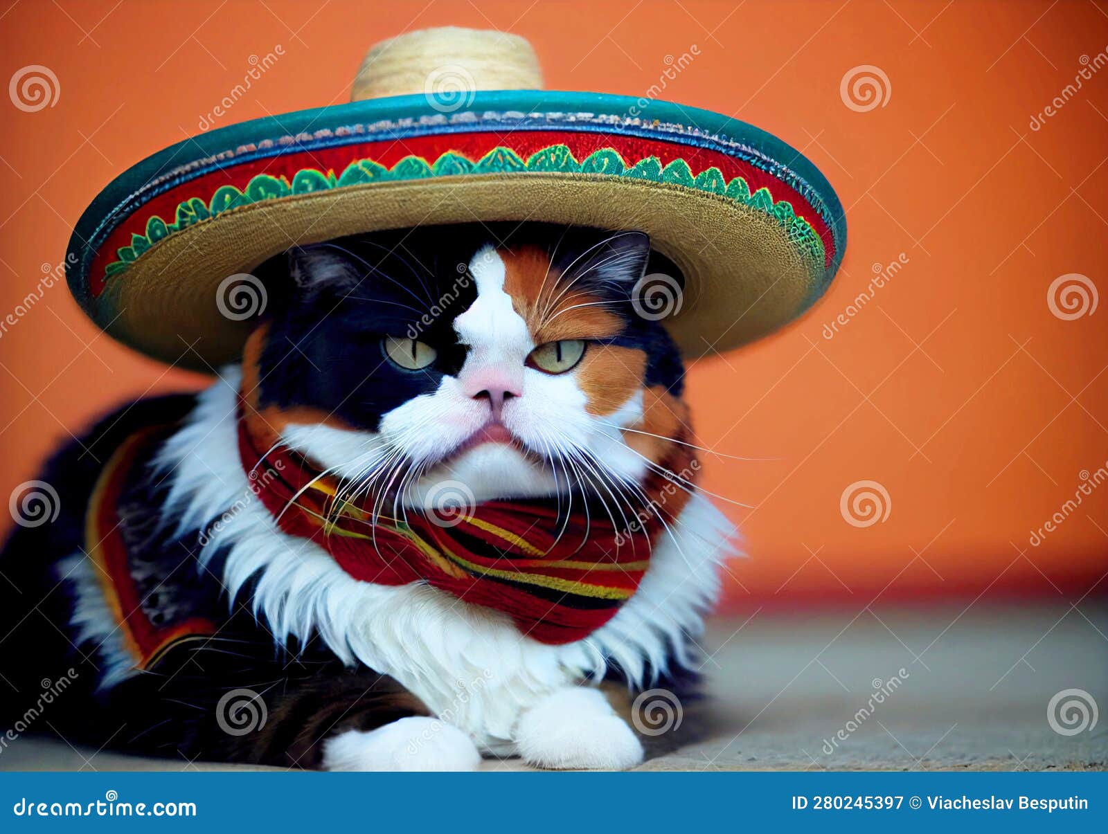 Cat in a Mexican Hat on a Uniform Background. Stock Illustration ...