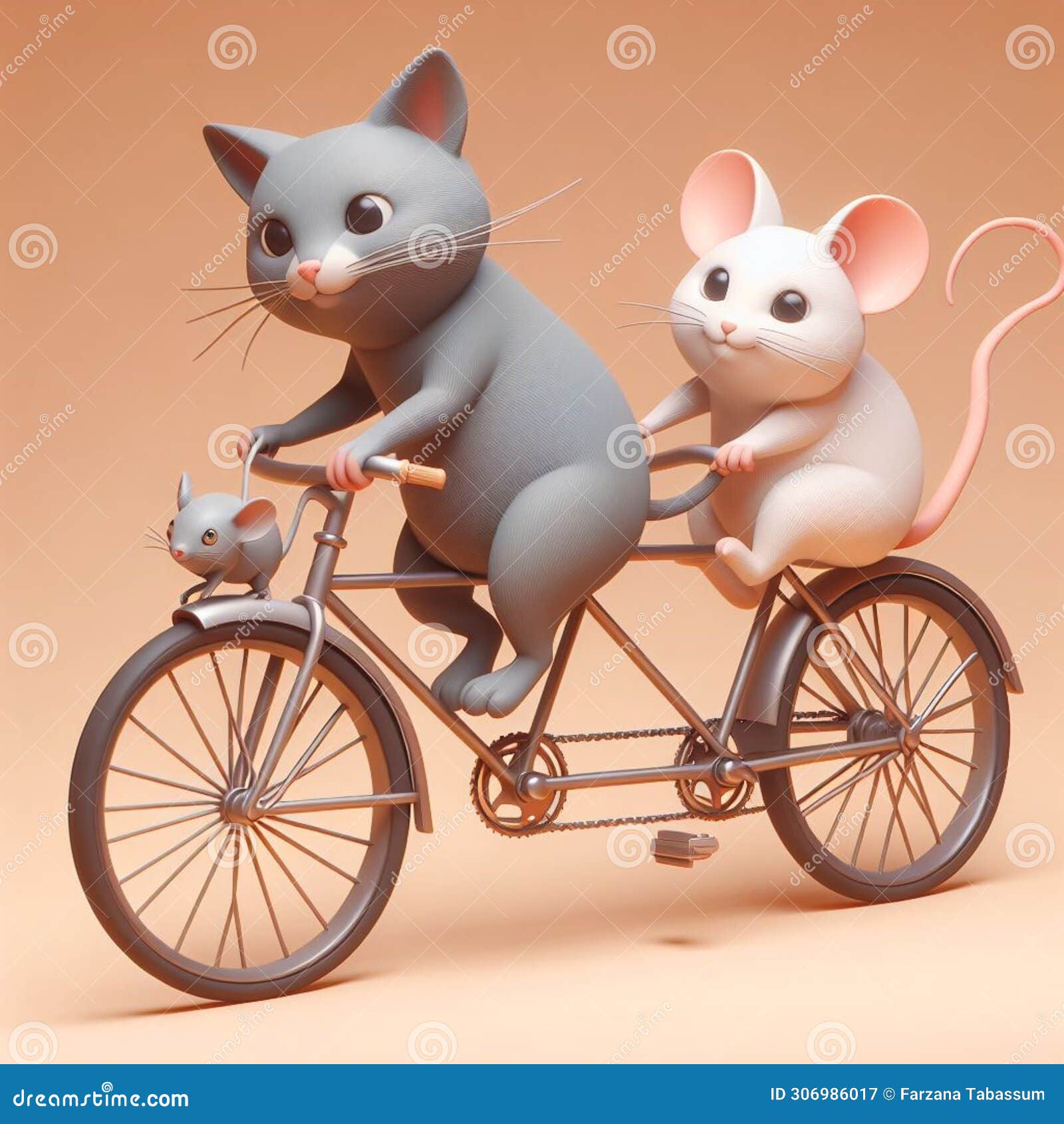 A Cat and a Mouse on a Bicycle, a Small Mouse on the Front Wheel of ...