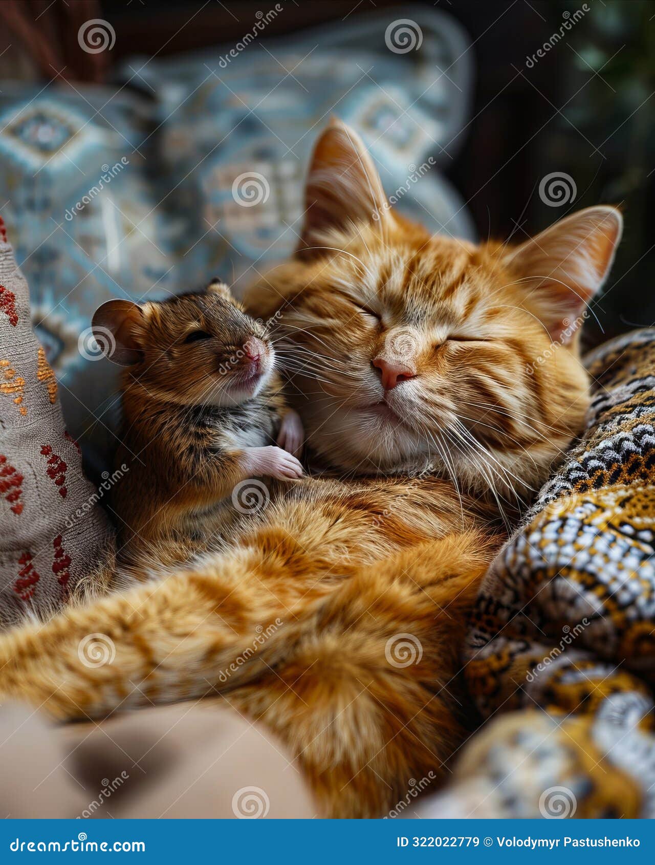 A Cat and a Mouse Cuddling on a Bed Stock Image - Image of indoor ...