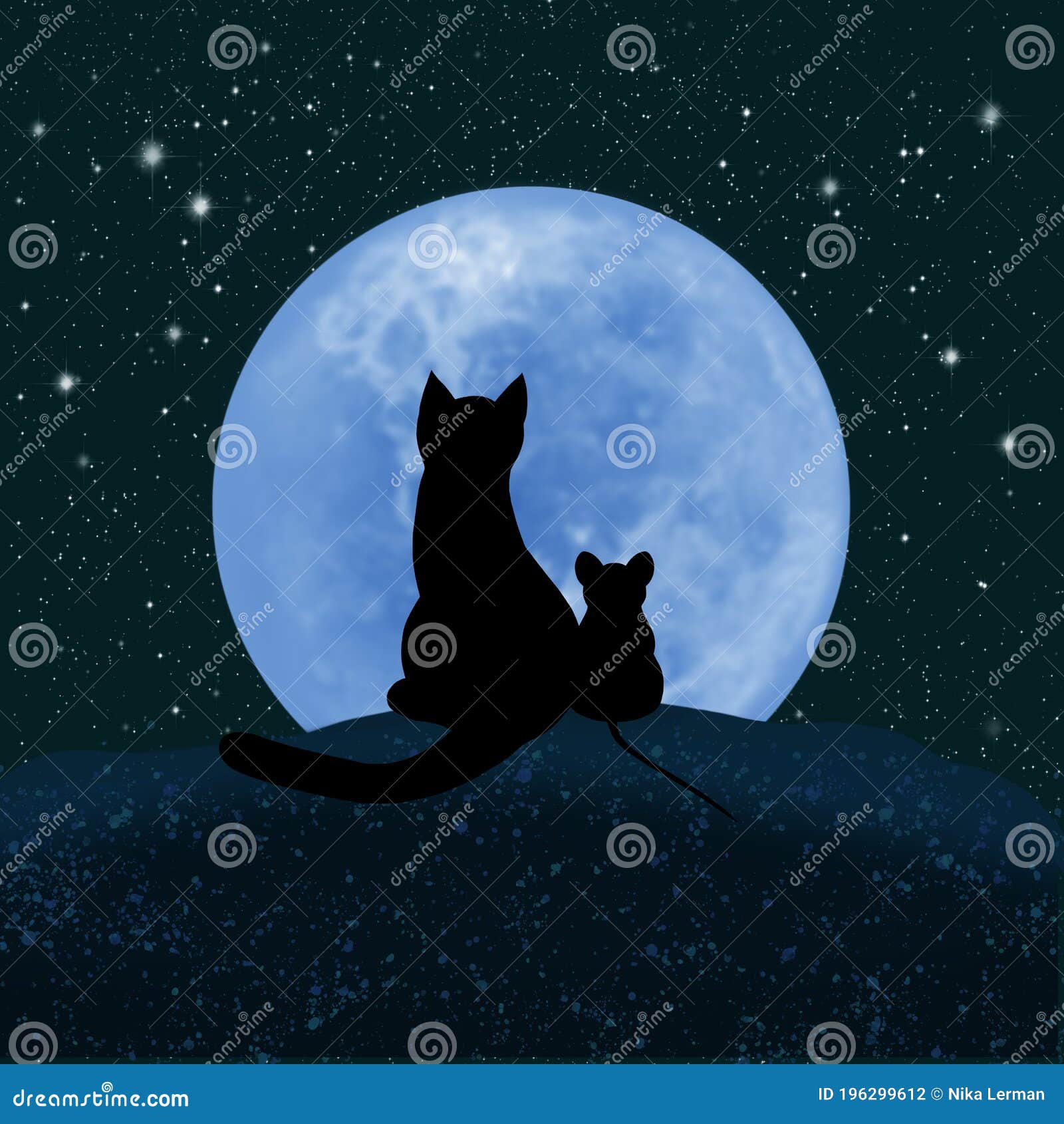 Cat and Mouse Looking at the Moon and the Starry Sky Stock Illustration ...