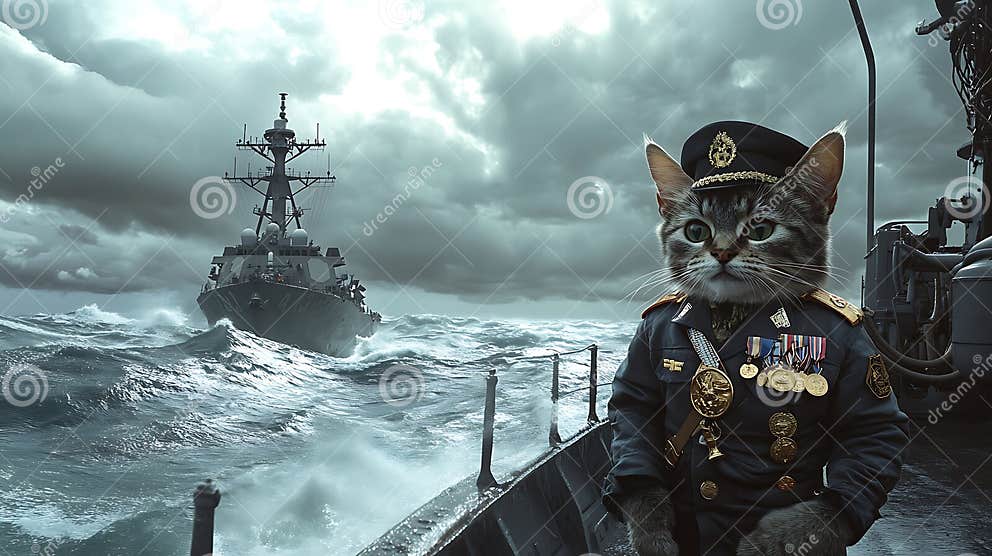 A Cat in Naval Uniform Stands on a Ship at Sea Stock Illustration ...