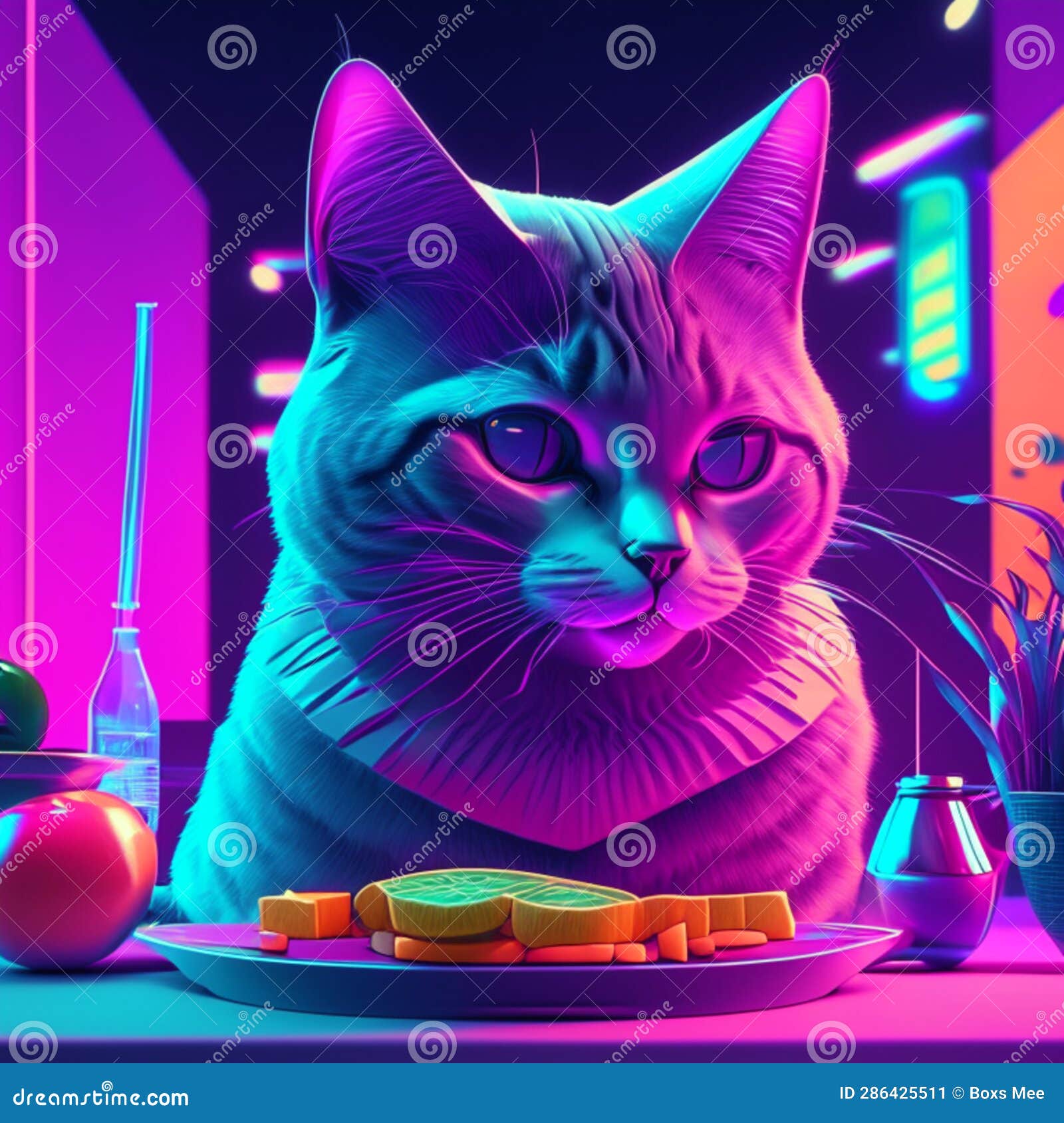 Cat in Neon Light. 3d Rendering. 3d Illustration Stock Illustration ...