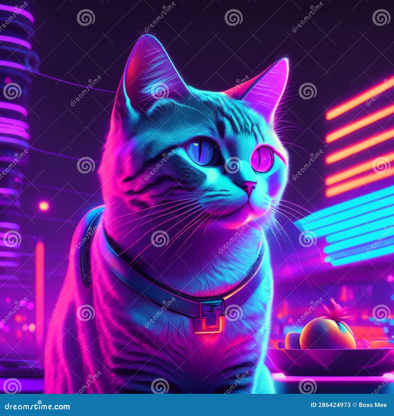 Cat in Neon Light. 3d Rendering. 3d Illustration Stock Illustration ...