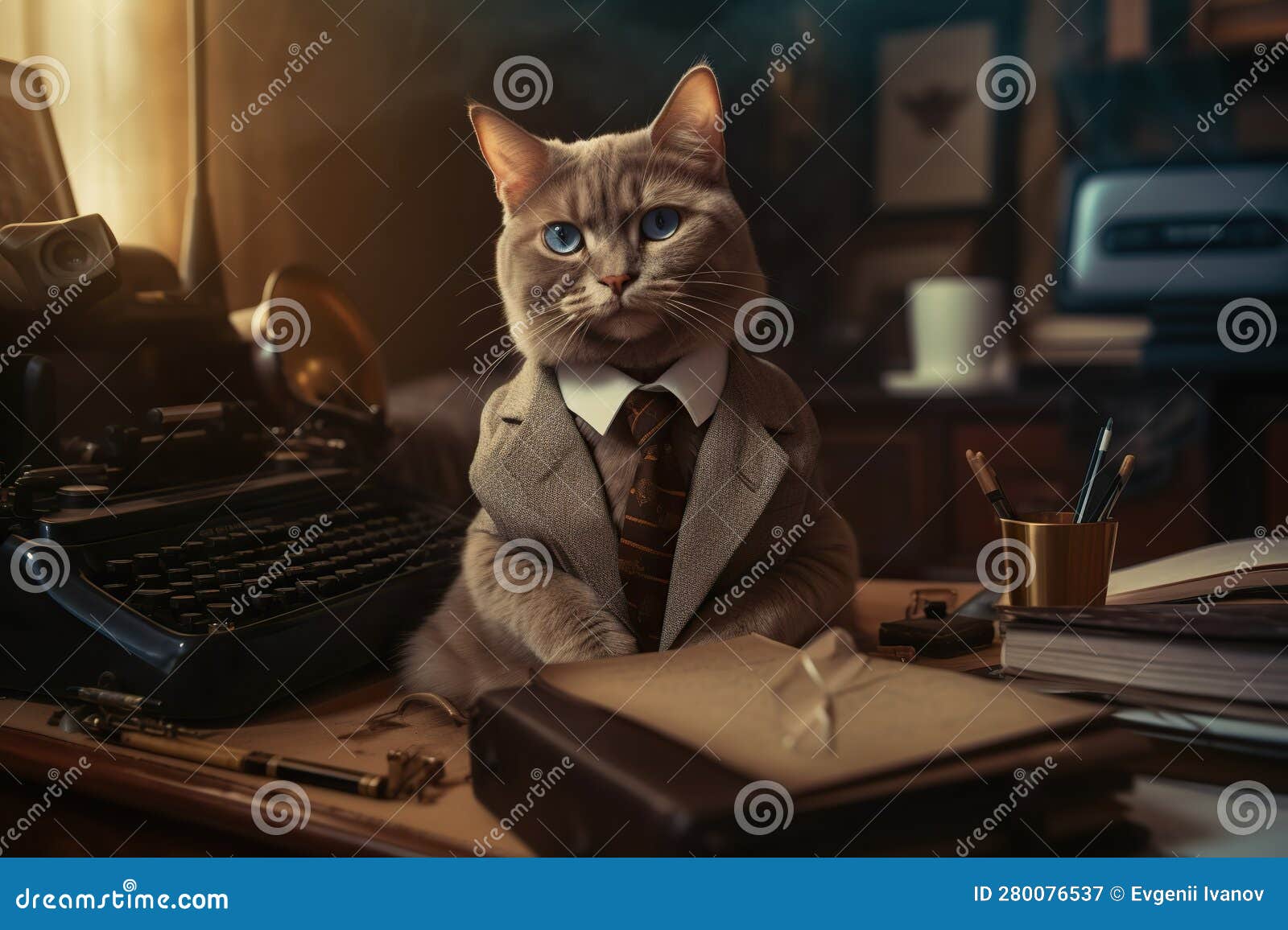 Cat in an Office Suit is Sitting at a Desk in the Office. Cat Manager ...