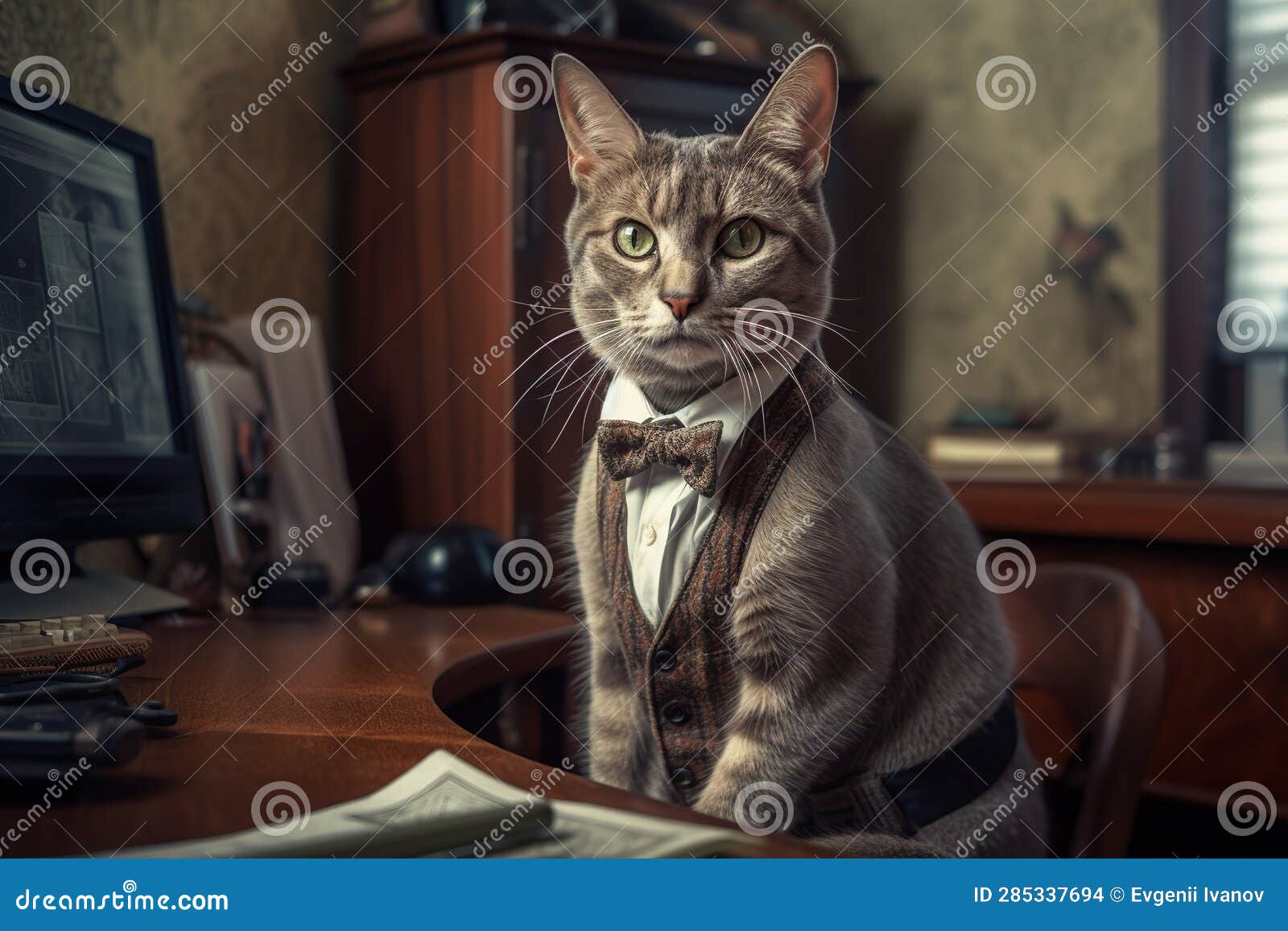 Cat in an Office Suit is Sitting at a Desk in the Office. Cat Manager ...