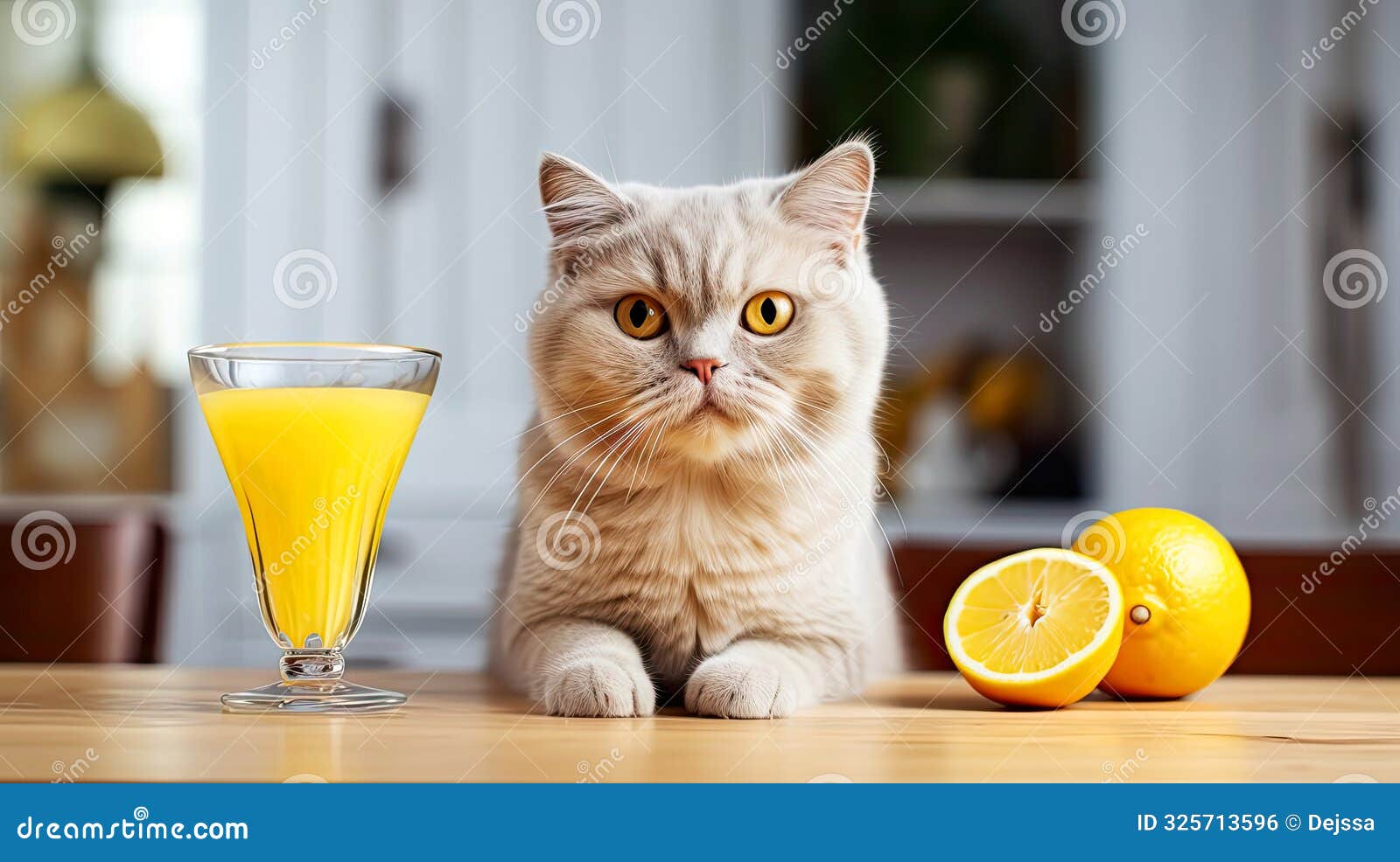 Cat with Orange Juice and Lemons on Table Stock Illustration ...