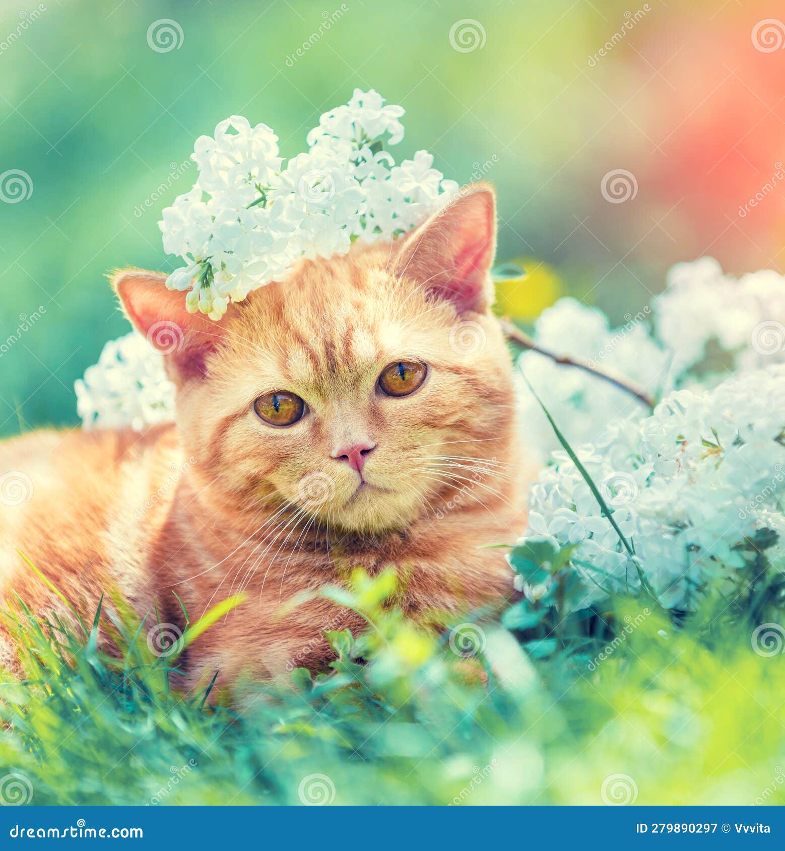 Cute Ginger Cat Relaxing on the Grass with White Lilac Flowers Stock ...