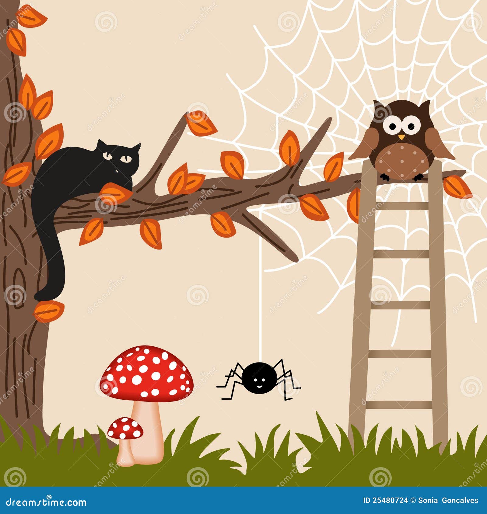 Cat and Owl on Tree stock vector. Illustration of clip - 25480724