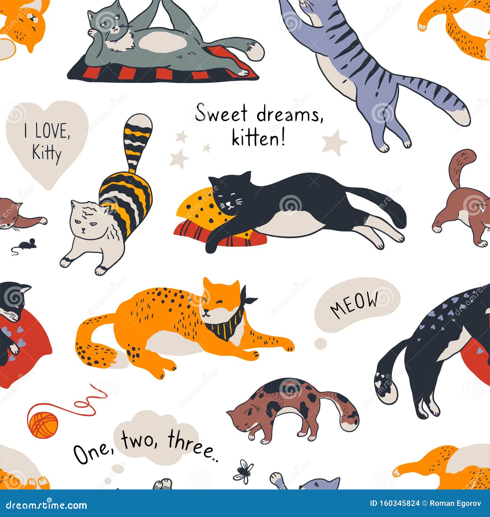 Cat Pattern. Seamless Texture Of Different Cute Kittens, Trendy Doodle ...