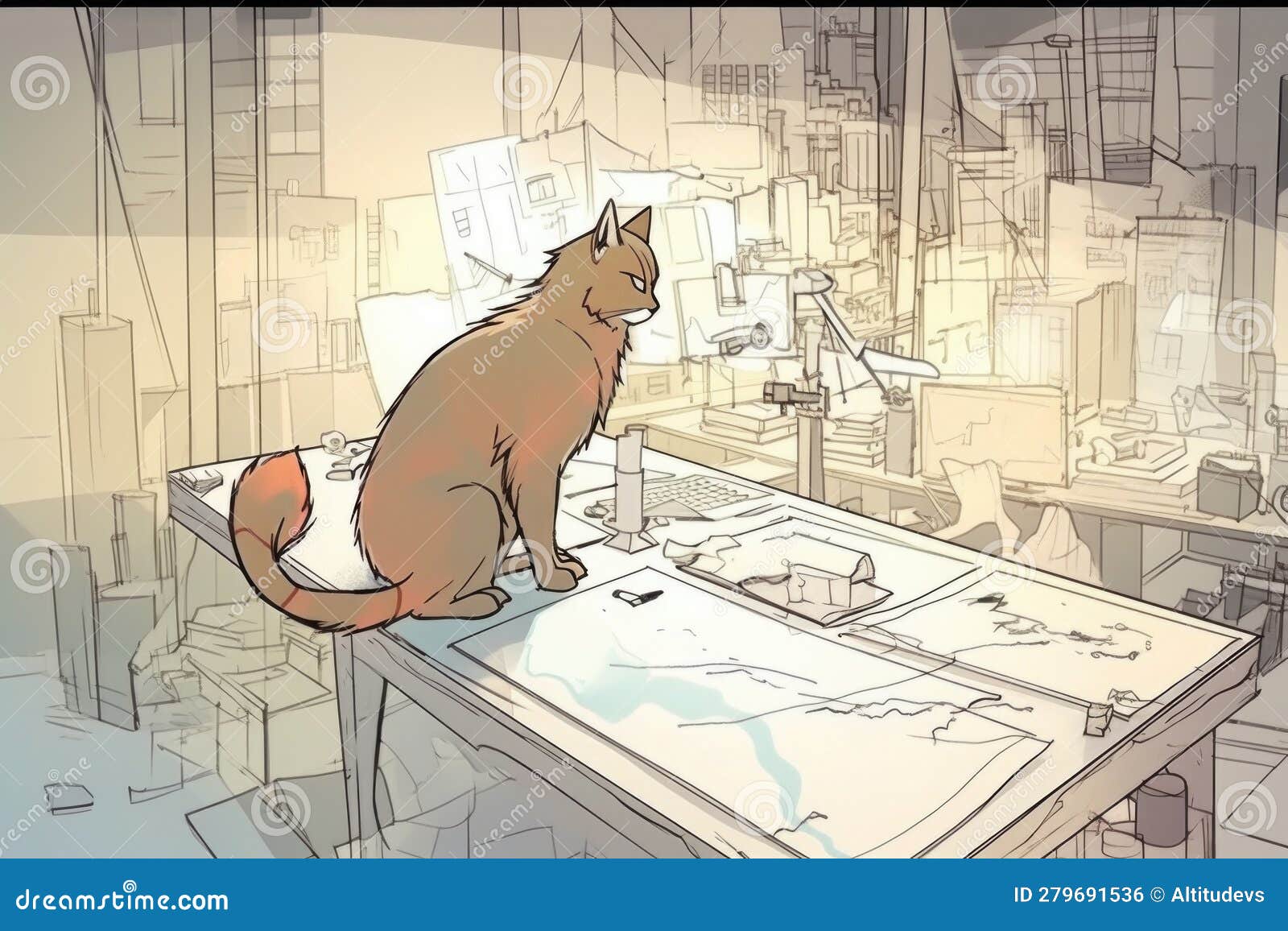 Cat, With Paw On Drafting Table, Designing Futuristic Cityscape Stock ...