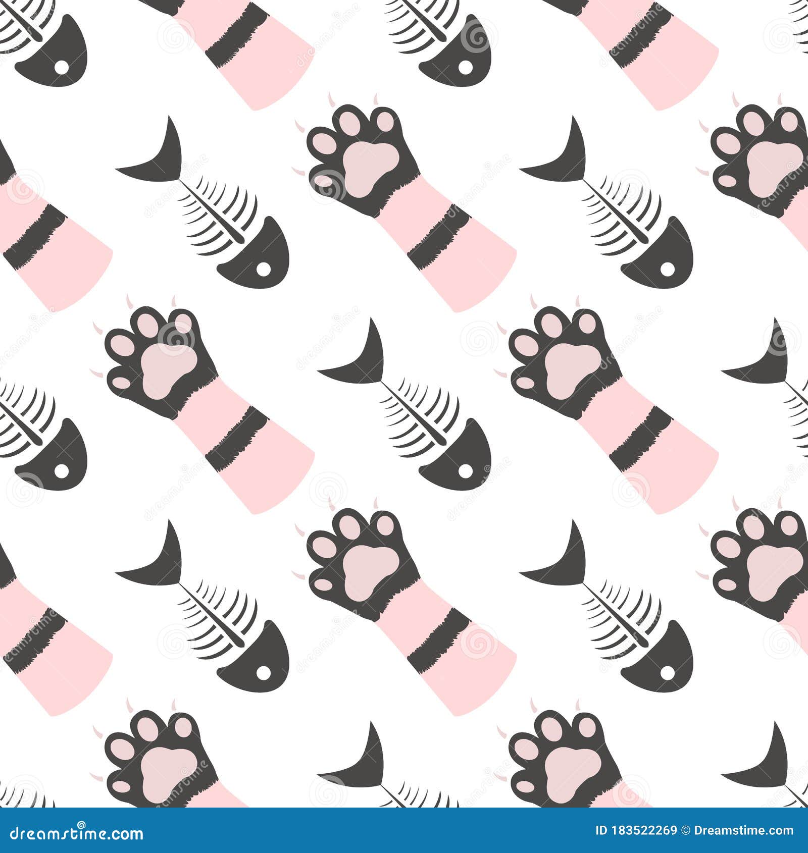 Cat Paws and Fish Skeleton Pattern Stock Illustration - Illustration of ...