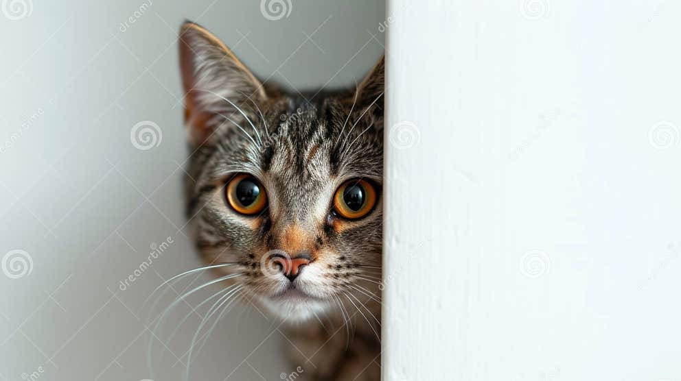 A Cat Peeking Out from Behind a White Wall, AI Stock Photo - Image of ...