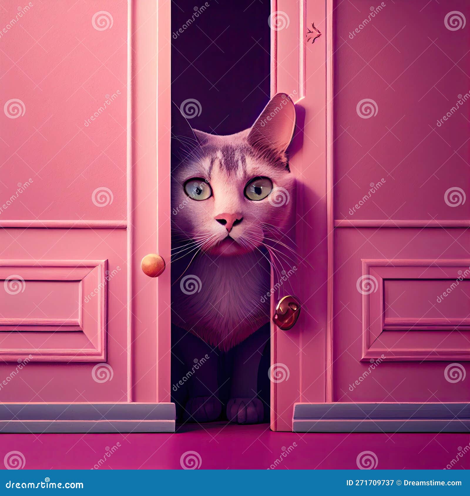 Cat peeking out of a door. stock illustration. Illustration of domestic ...