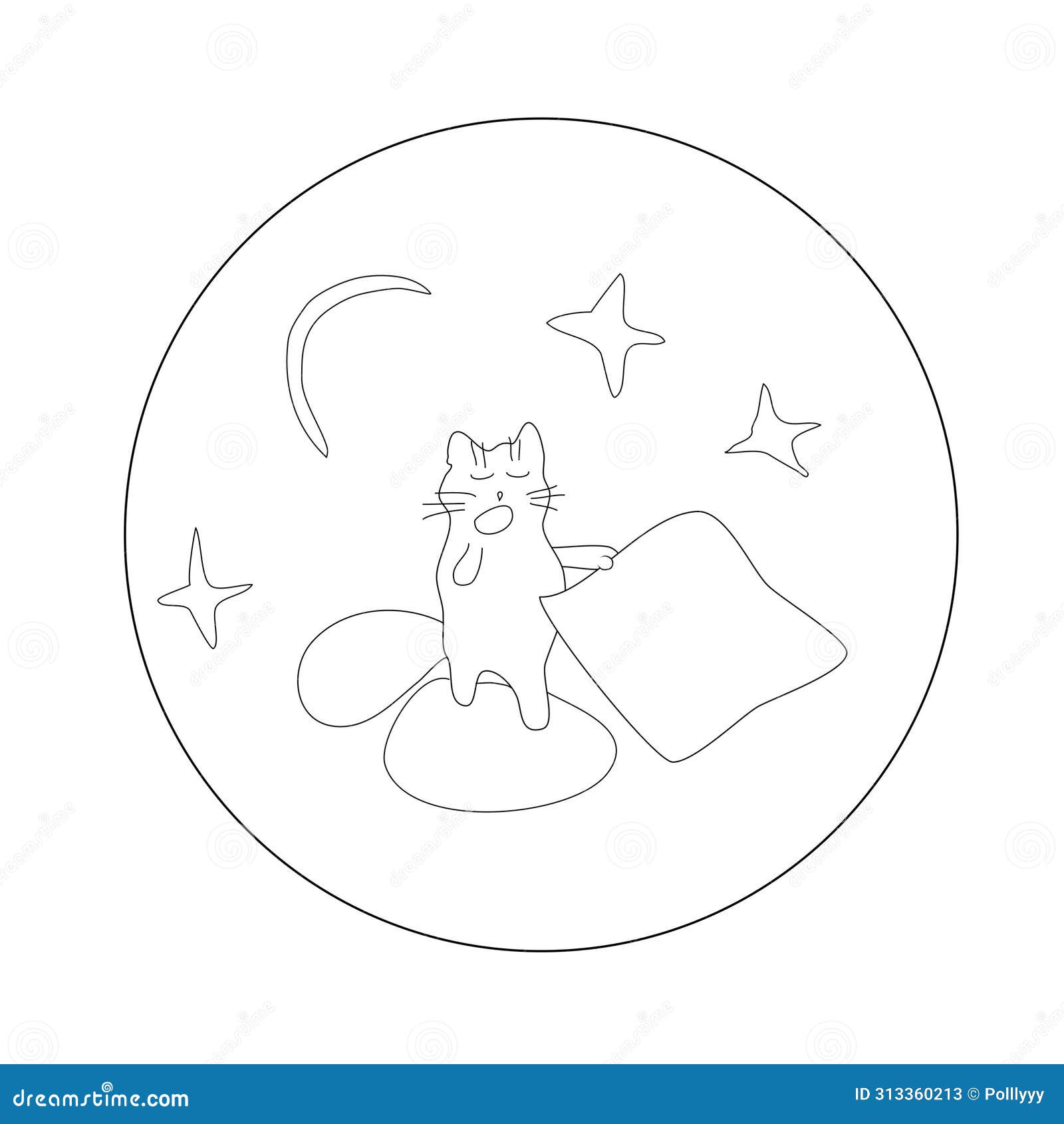 Cat with a Pillow, Good Night, Bye-bye. Black and White Illustration ...