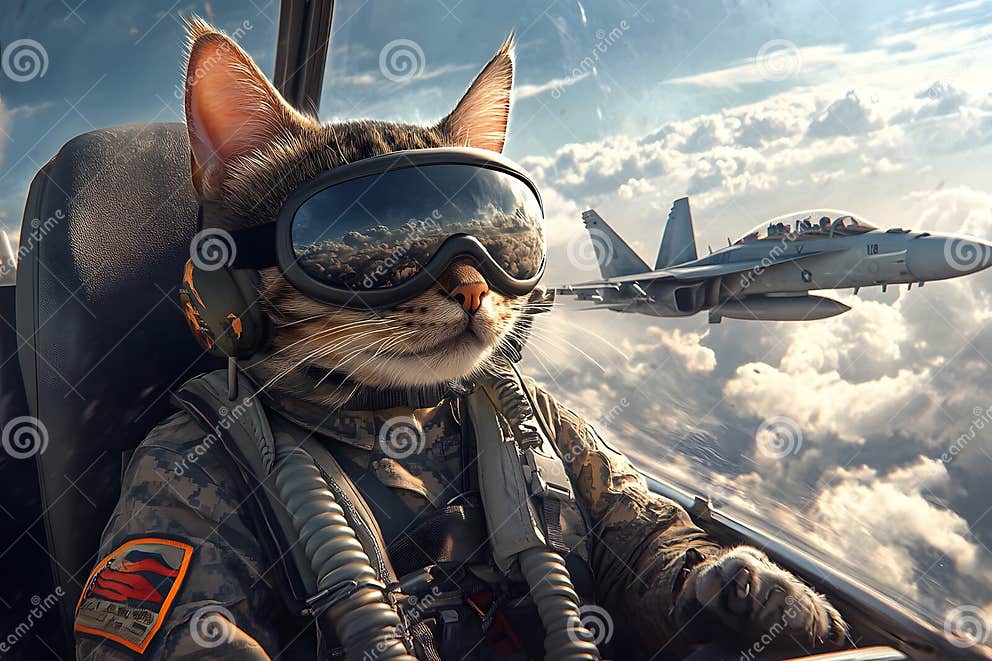 Cat Pilot in Cockpit, Aviator Helmet, Cloudy Sky Backdrop Stock ...