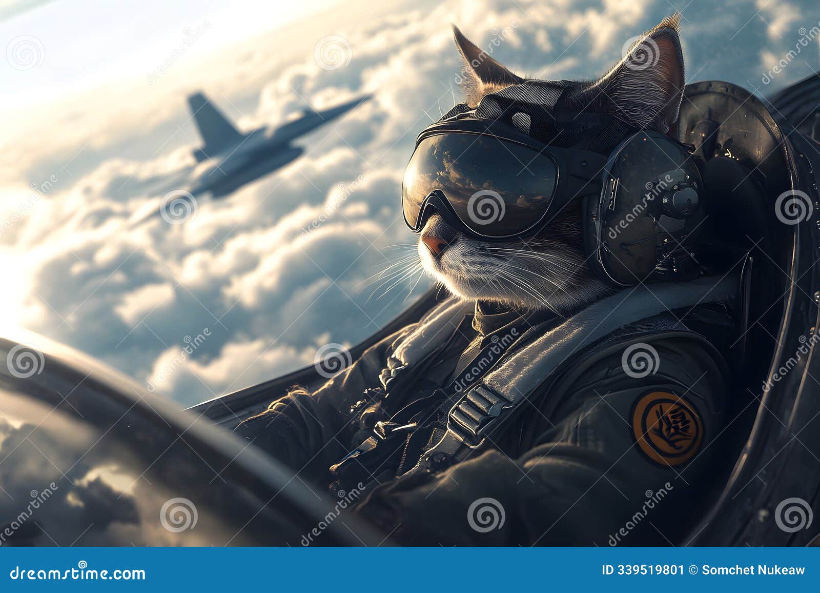 Cat Pilot in Cockpit, Clouds Background, Playful Scene Stock ...
