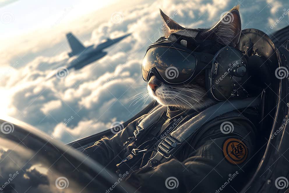 Cat Pilot in Cockpit, Clouds Background, Playful Scene Stock ...