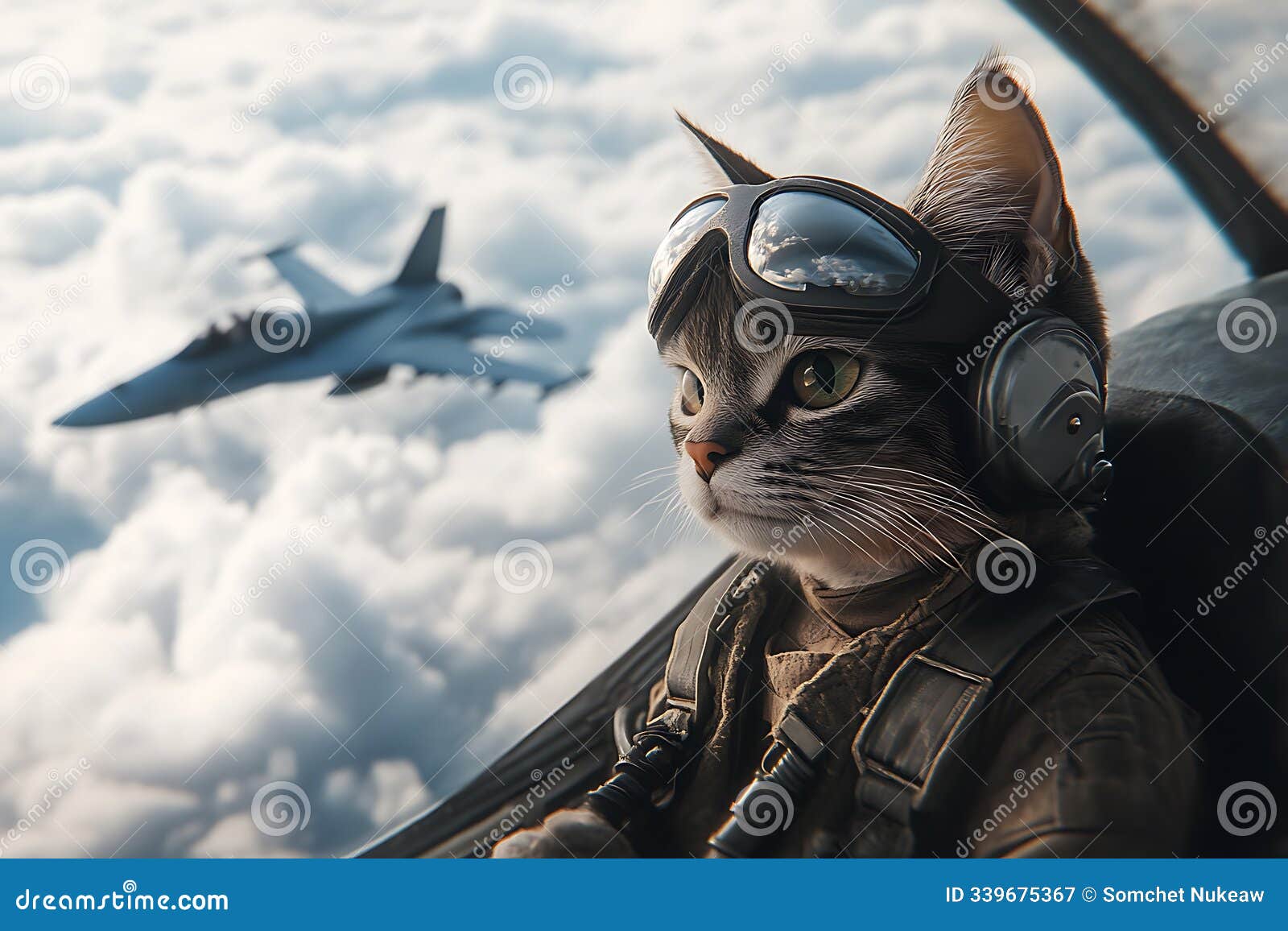 A Cat Pilot In A Cockpit With A Fighter Jet In The Background Stock ...