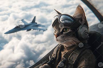 A Cat Pilot in a Cockpit with a Fighter Jet in the Background Stock ...